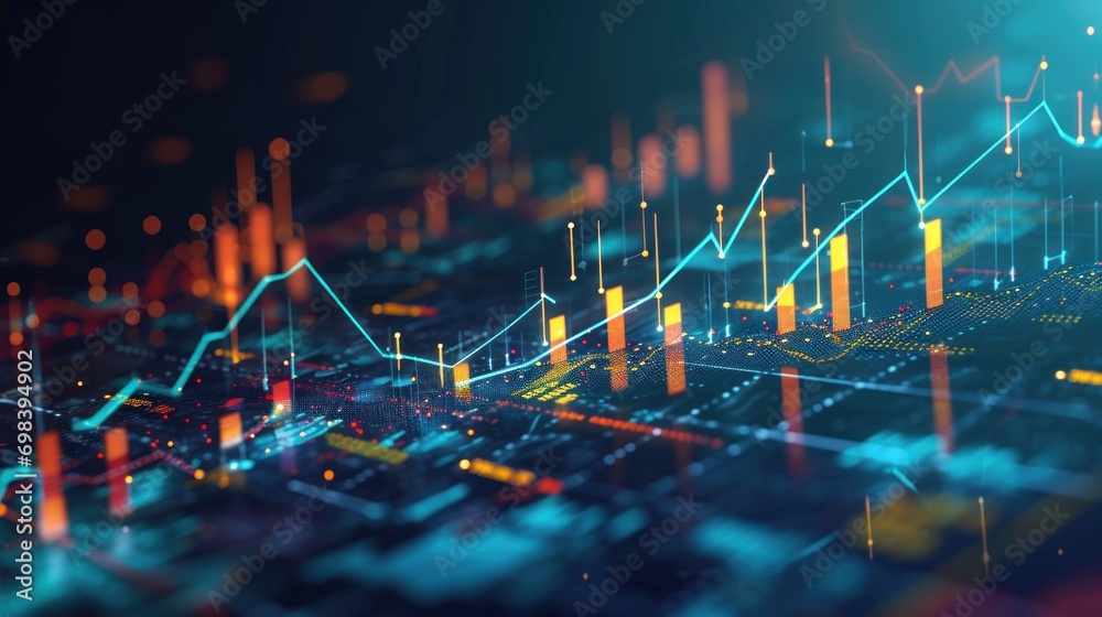 Futuristic raised triple-up arrow chart with candlesticks digital ...
