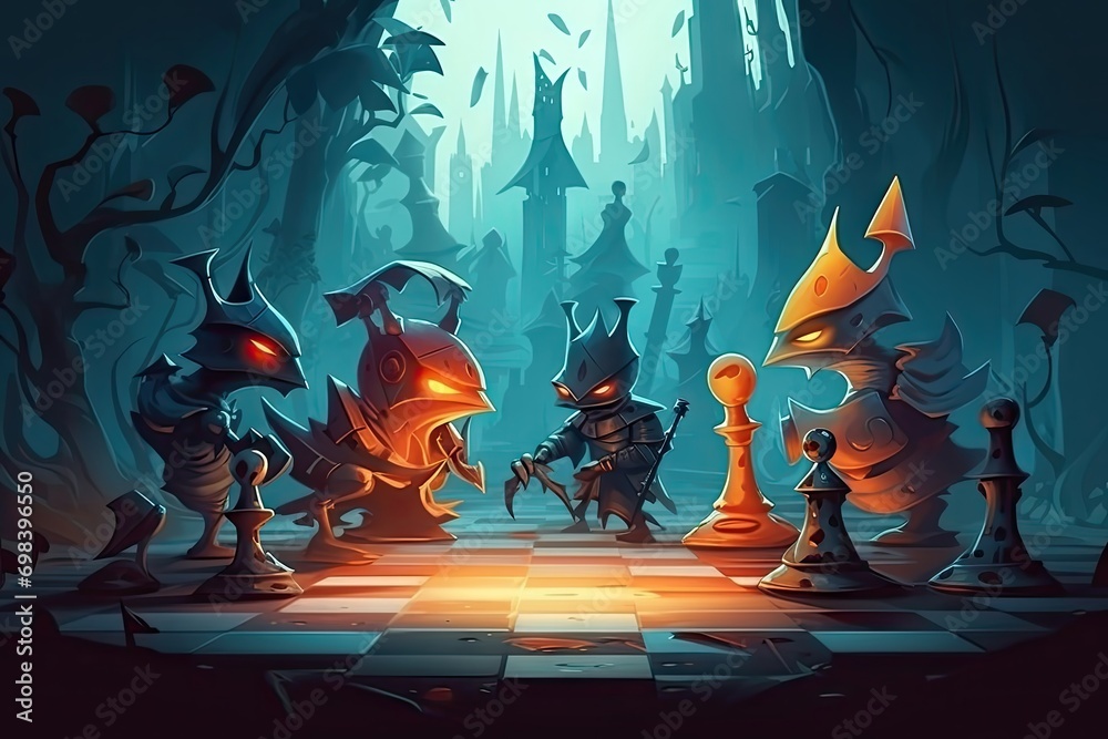 Fantasy chess where pieces alive, cartoon, stylized style, game ...