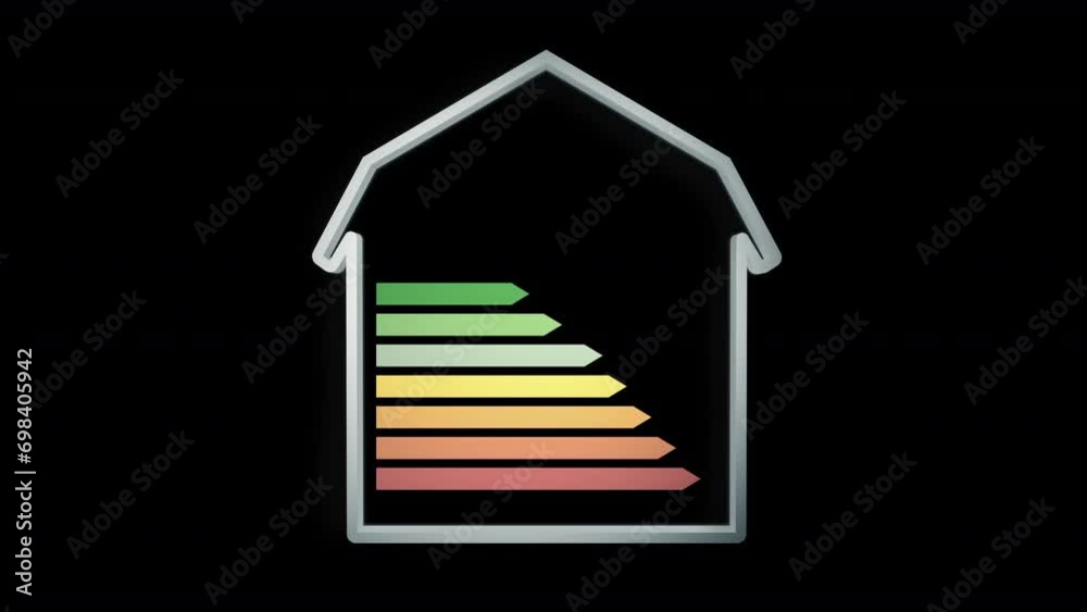 Energy efficiency rating chart house on black background, ecological ...