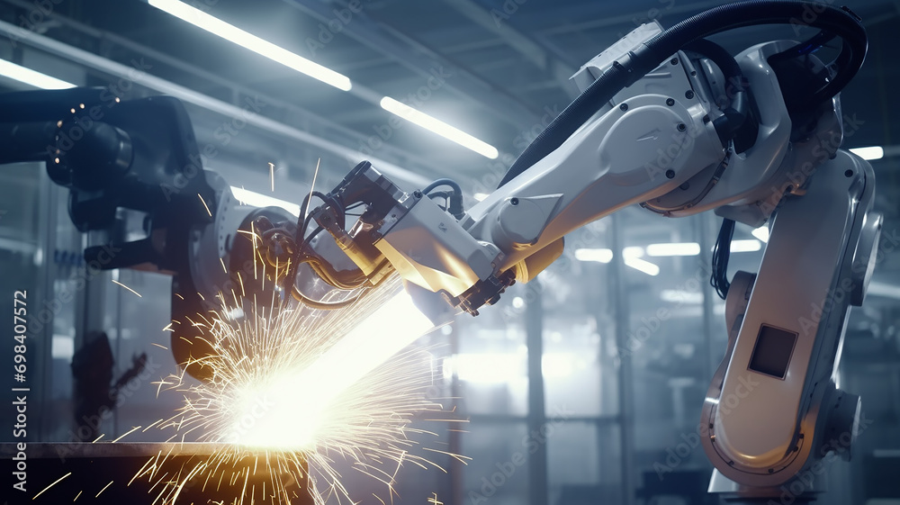 robotic welding assembly line, plasma cutting, abstract fictional ...