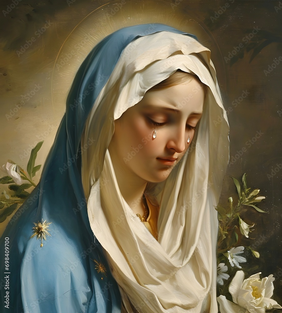 Catholic icon of Virgin Mary with tears. Crying of St. Mary. Stock ...