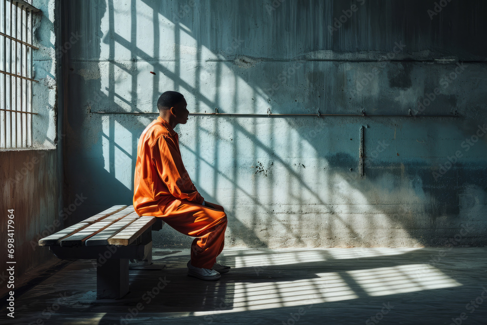Jailed man dressed in orange jumpsuit sit on a bench of a prison cell ...