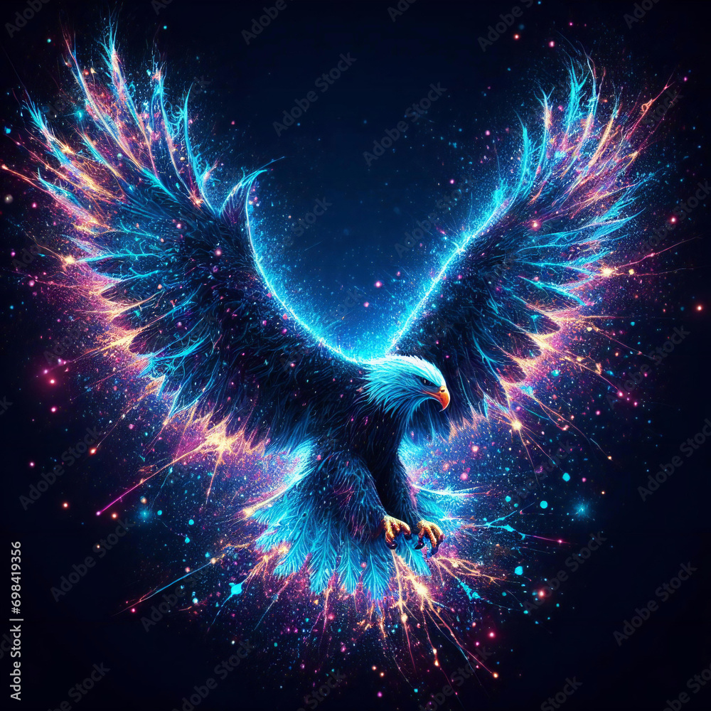 bioluminescent of neon glow with sparkle flying eagle Stock Photo ...