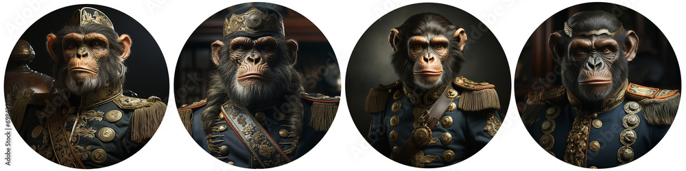 A chimpanzee in a military uniform cut out in a round Stock ...