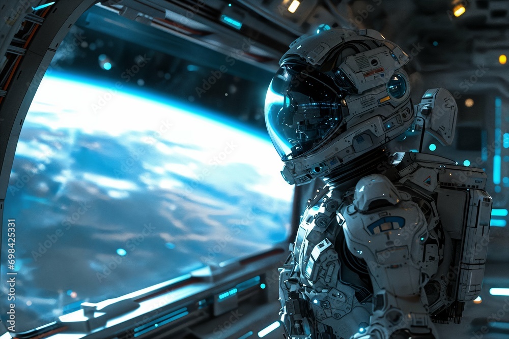 Astronaut in futuristic spacesuit looking out window at planet Earth ...
