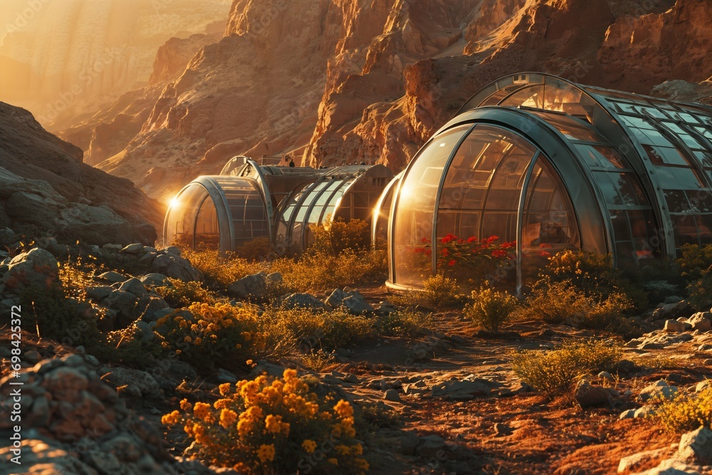 Futuristic living complex with glass domes in desert mountains ...