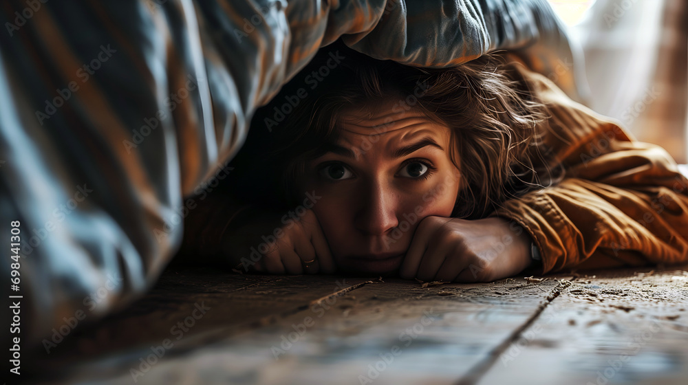 Scared woman hiding under bed, eyes wide with apprehension and fear ...