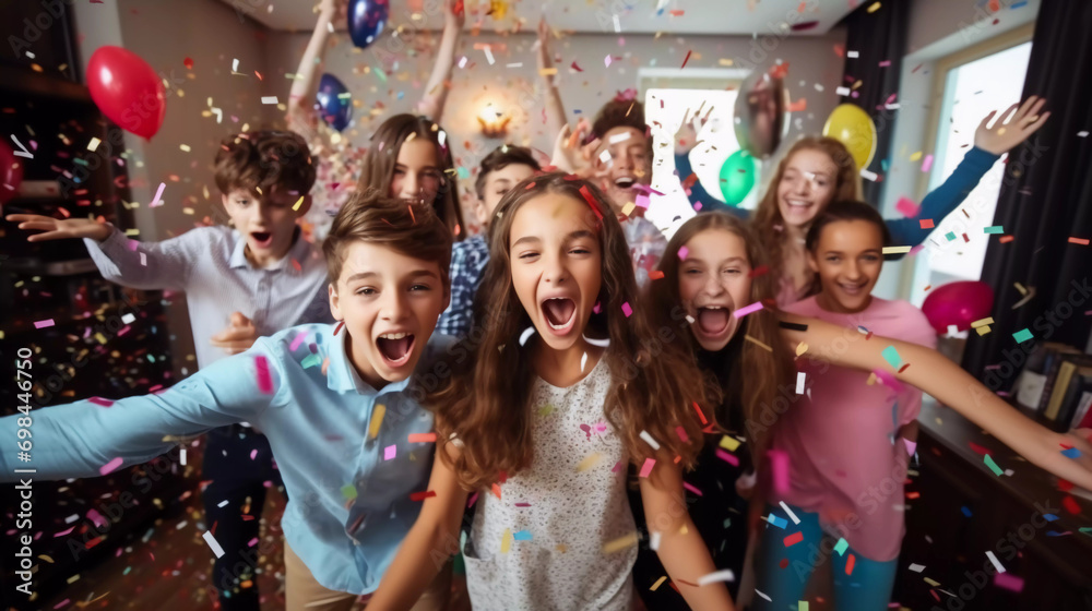 A group of cheerful eleven years old friends celebrating birthday ...