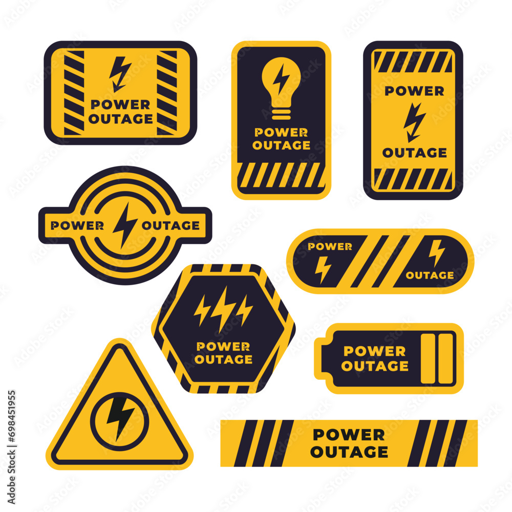 Power outages label set collection, Badge with lightning bolt and bulb ...
