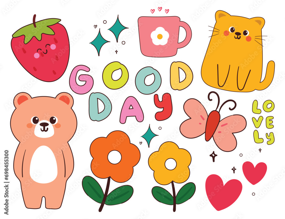 hand drawing cute doodle cartoon sticker set. cute drawing sticker for ...