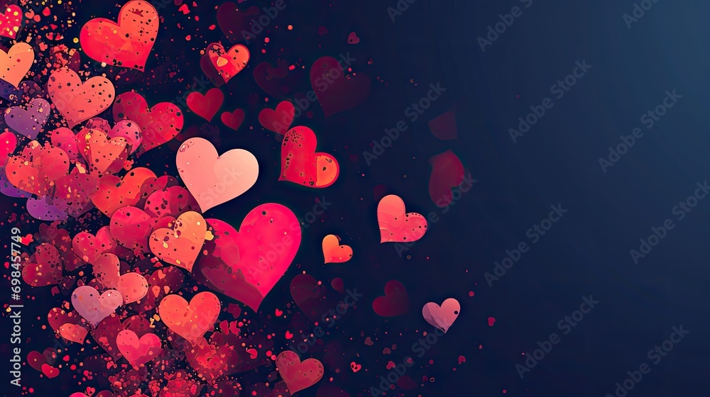 A Bunch Of Red And Pink Hearts Floating In The Air On A Dark Blue