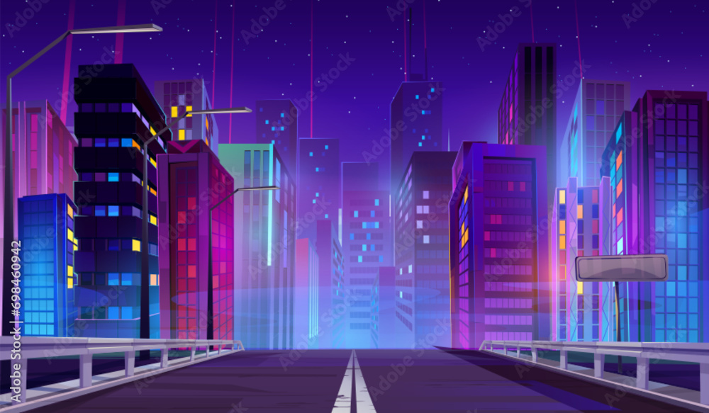 Empty road leads to city with multistorey buildings and neon lights at ...