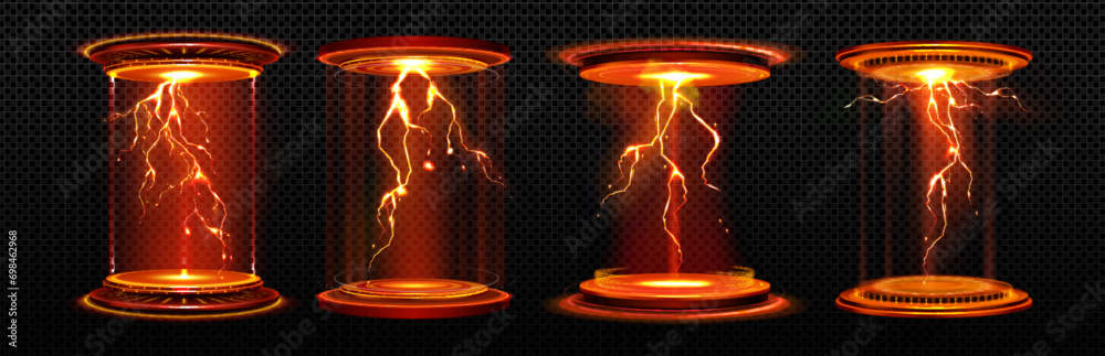 Red neon game portal with lightning and glow effect in realistic vector ...