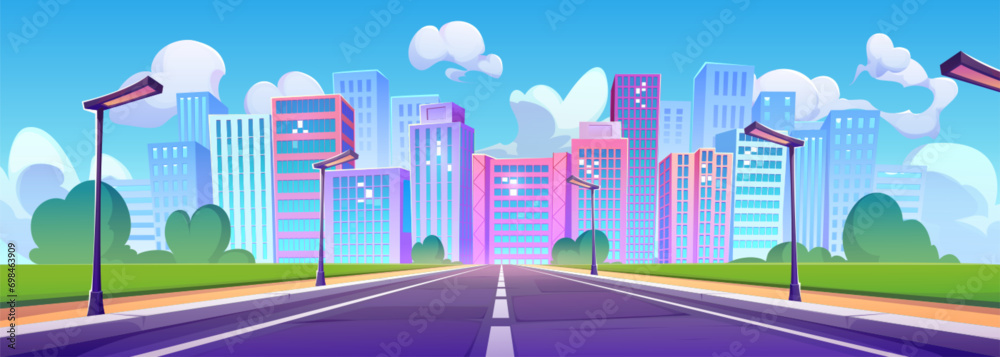 Big city with modern skyscrapers and highway perspective. Vector ...