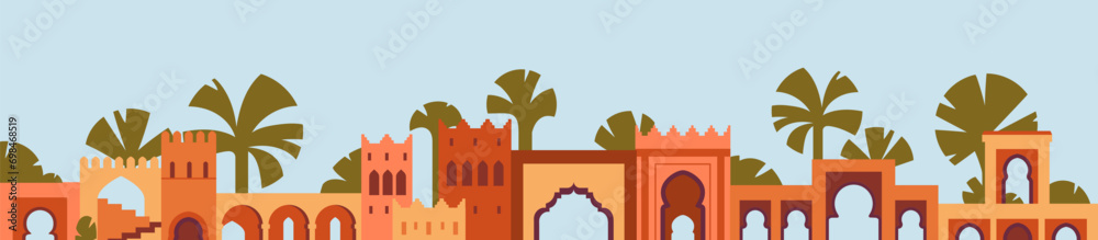 Moroccan architecture banner. Morocco building border, long oriental ...