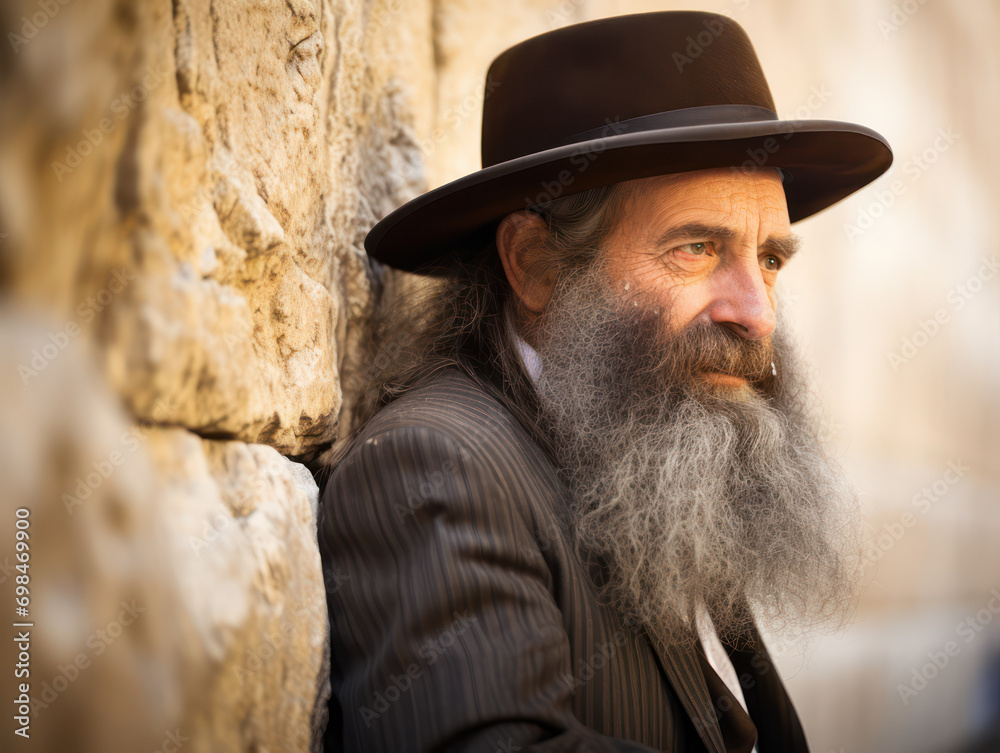 unknown religious Orthodox Jew praying in front of the western wall of ...