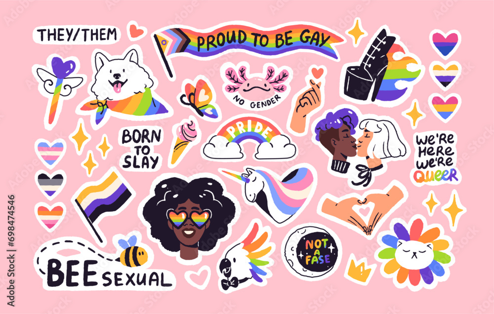 LGBTQ stickers pack. Pride month set. Rainbow, hearts, cute unicorn ...