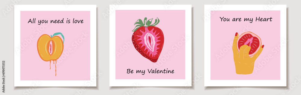 Set Of Valentines Day Cards Fruit Strawberry With Outlines Female Labia Love Valentines Day