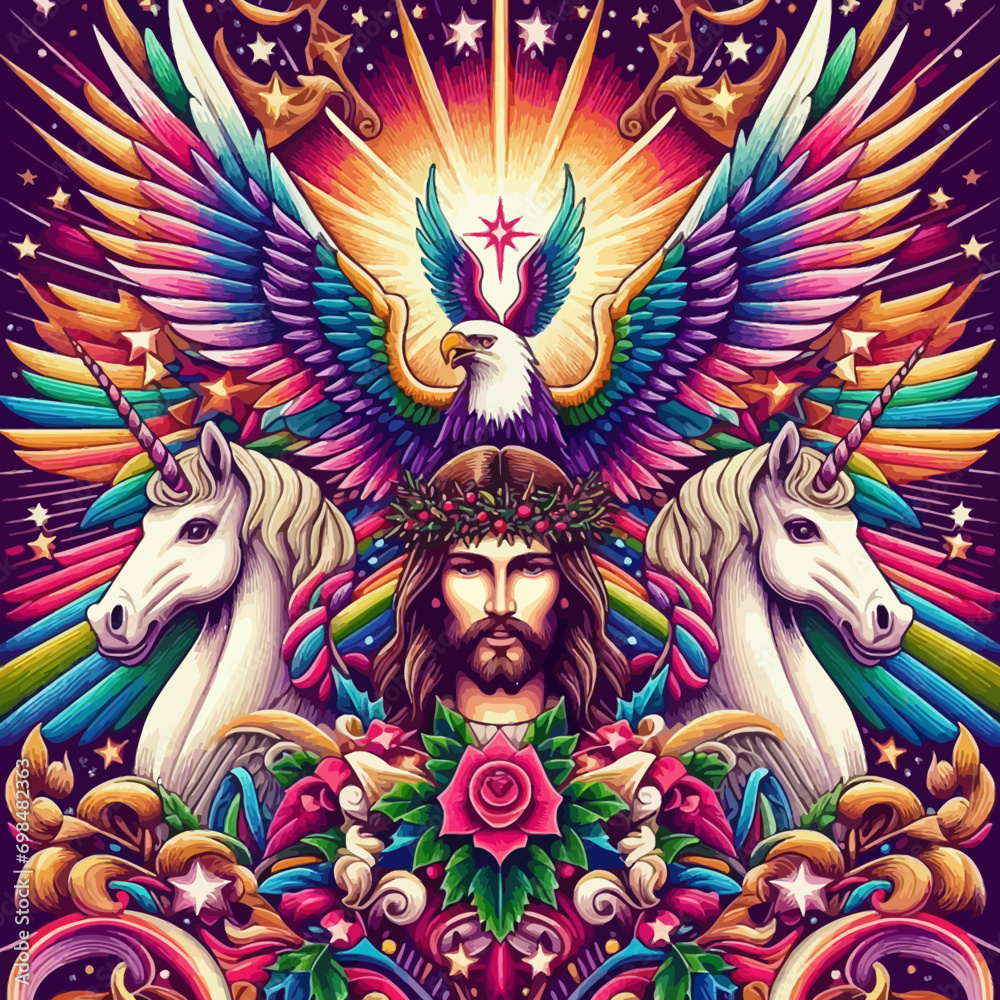 A colorful artwork of a jesus with a crown of thorns and unicorns ...