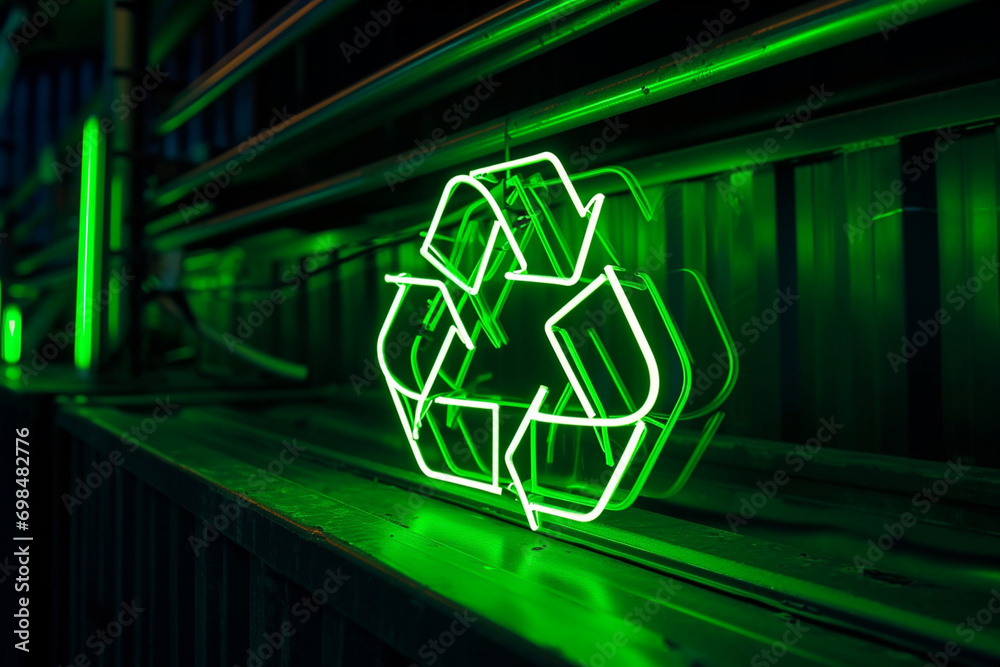 recycle symbol in neon green colors in a minimalistic photo with sharp ...