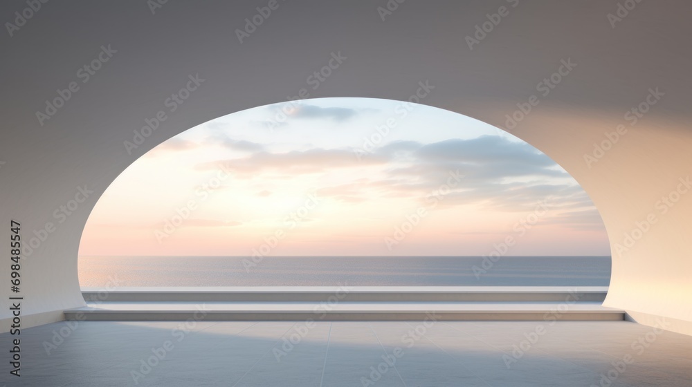 an empty room with a view of the ocean through a round window with a ...