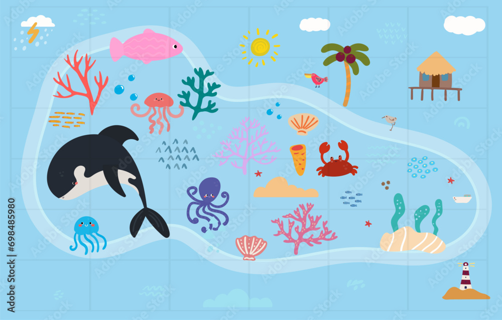 sea tropic map with animals simple cartoon flat vector illustration ...