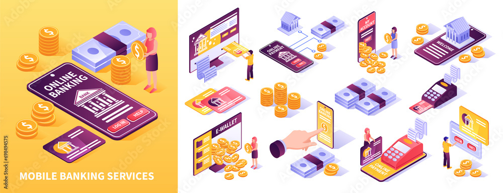 Isometric mobile and digital banking services icons illustration set ...