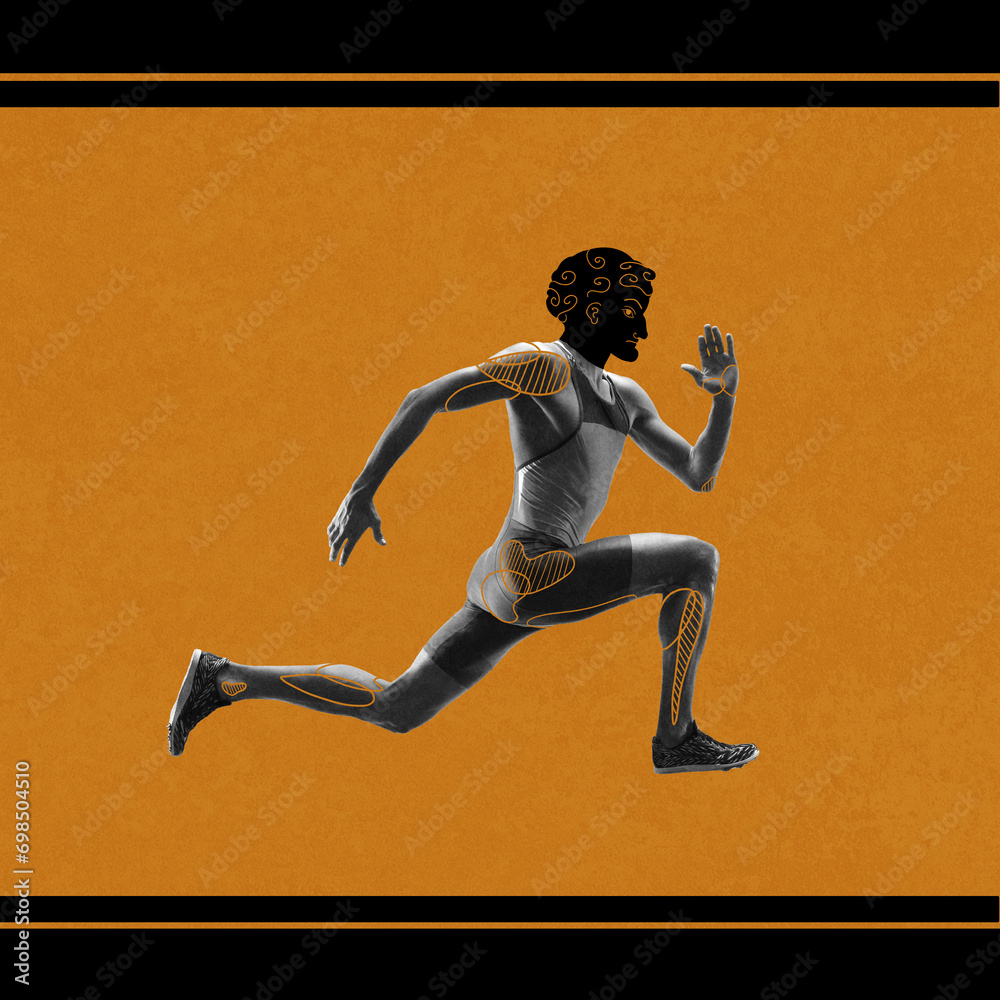 Young athletic man, runner with ancient drawn head, athlete in motion ...