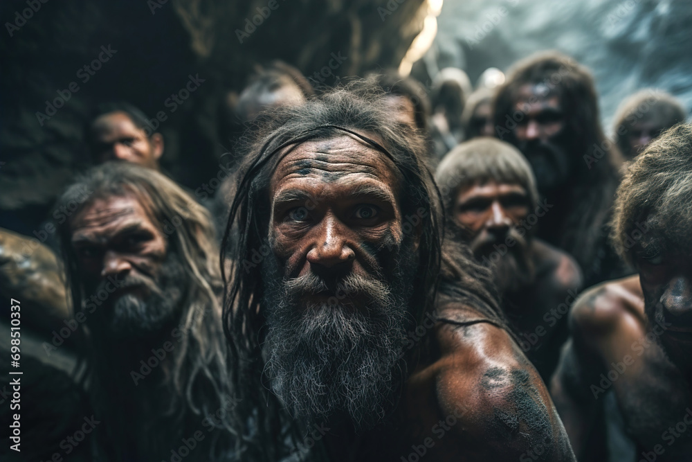 Many heads of prehistoric ancient people peeking out from behind the ...