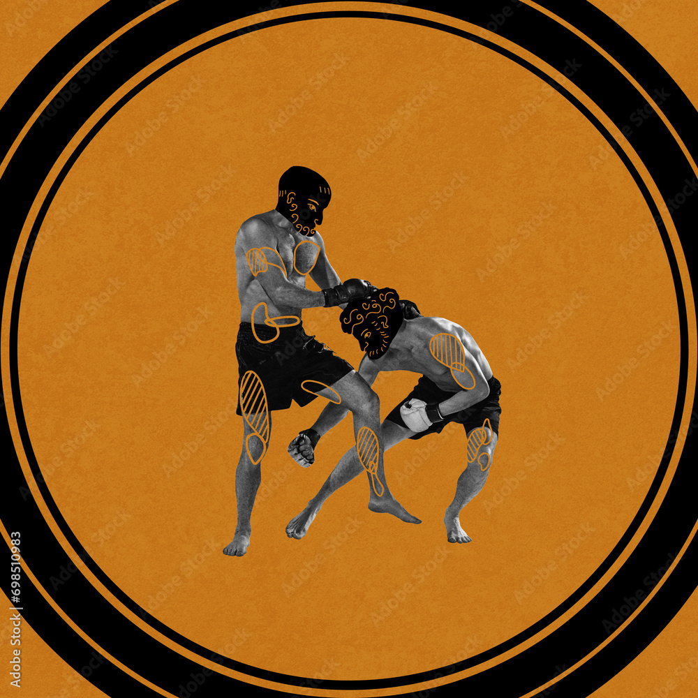 Muscular competitive man, boxing, mma athletes with drawn head of ...