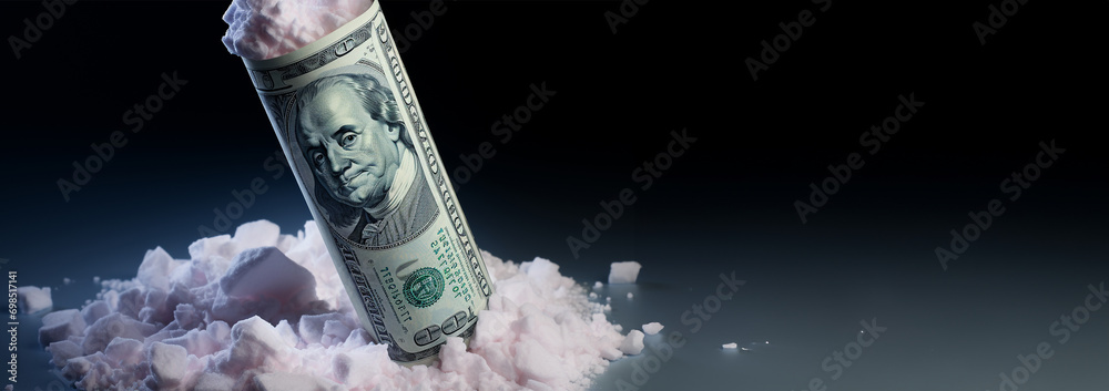Cocaine with rolled up money. Cocaine drug addiction. Pile of cocaine ...