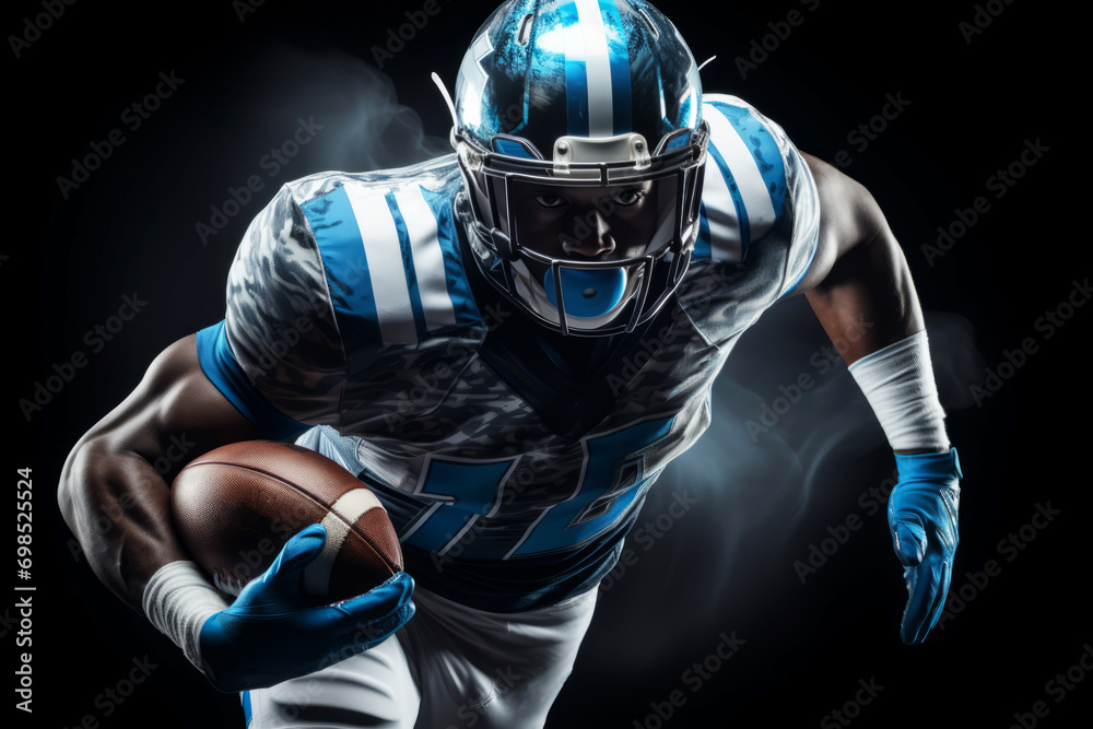 Portrait of American football player running with the ball. Muscular ...