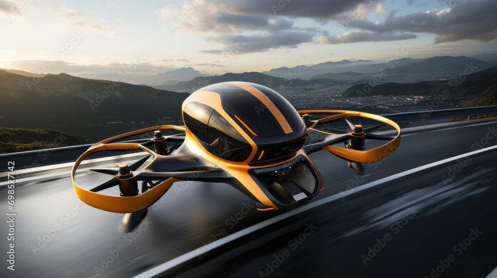 Futuristic orange passenger drone takes off from an airstrip near a ...