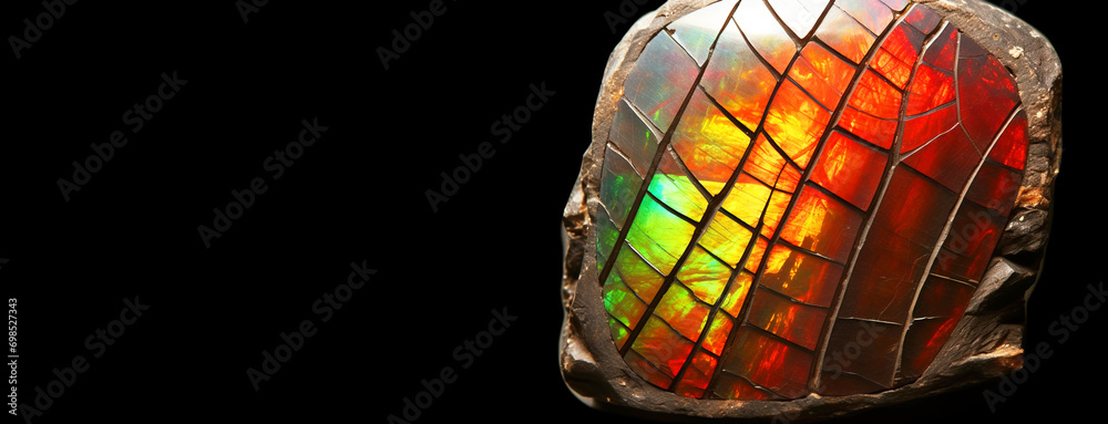 Ammolite is a rare precious natural stone on a black background. AI ...