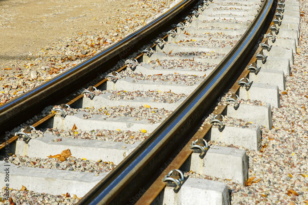 Construction of a new tram line, streetcar rail track laying on new ...
