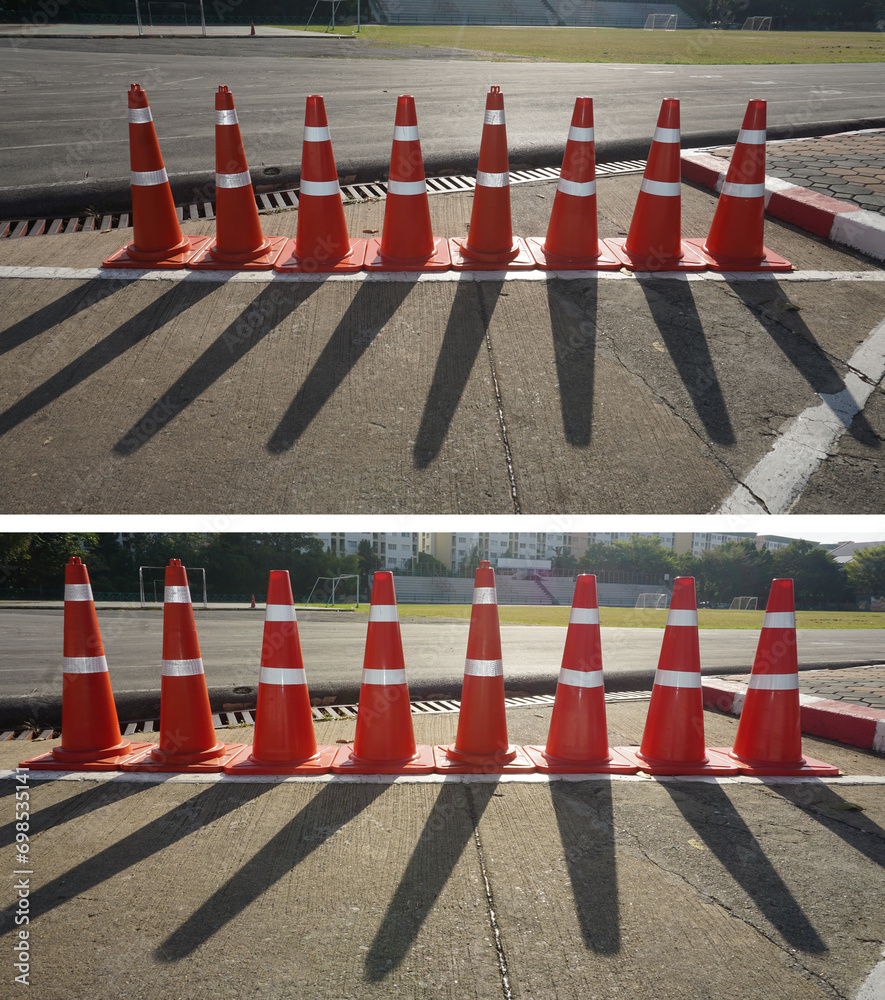 Road traffic cone, white-marked parking lot, and road traffic cones use ...