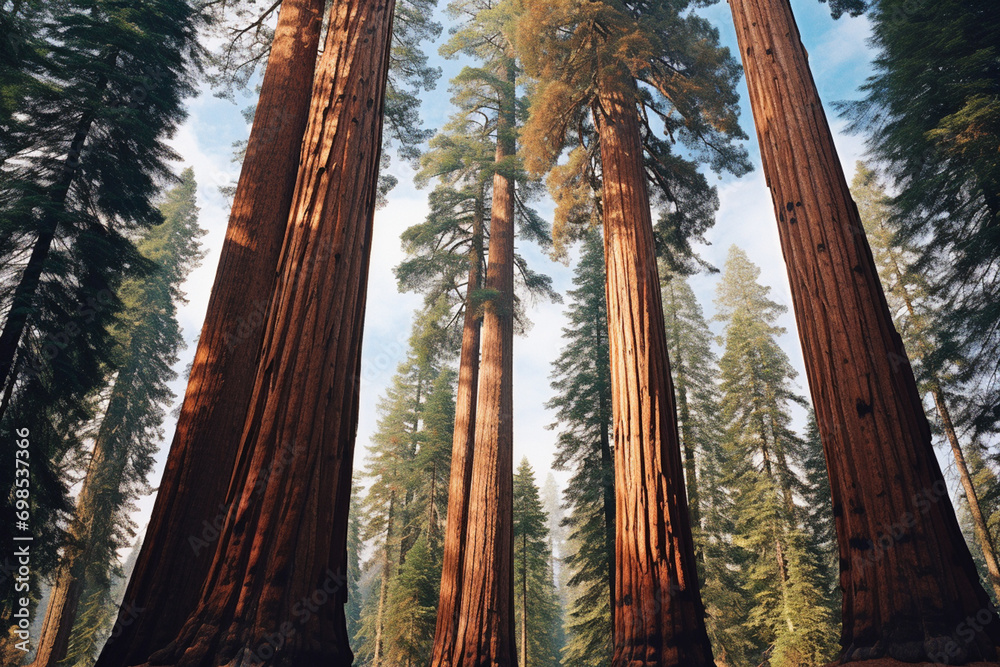 Photograph capturing the towering canopy of a giant sequoia forest ...