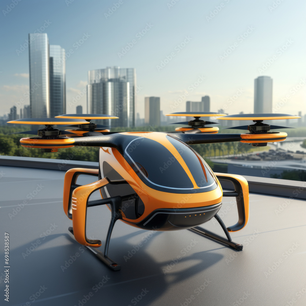 Futuristic orange passenger drone takes off from an airstrip near a ...