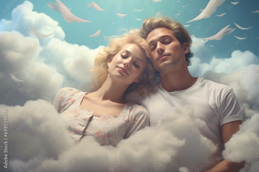 Beautiful young couple in love dreaming about flying in the sky with ...