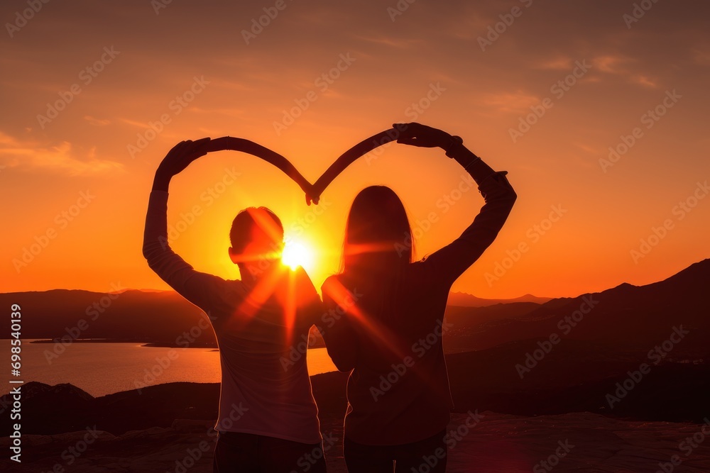Silhouette of young couple making heart shape with hands at sunset, A ...