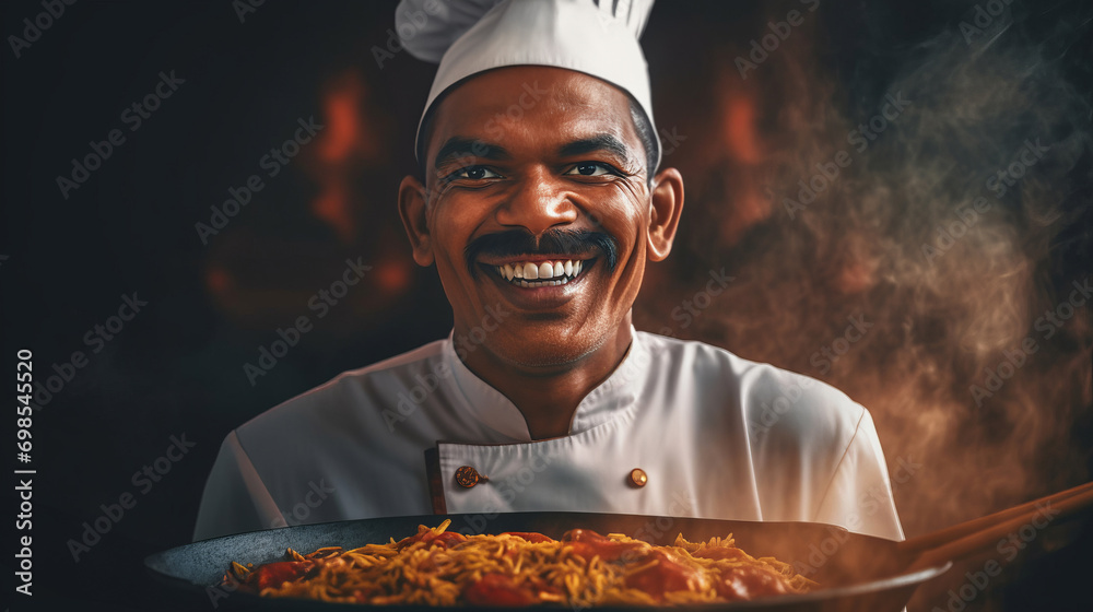 Smiling Indian chef cooking flavorful spicy dish showcasing rich ...