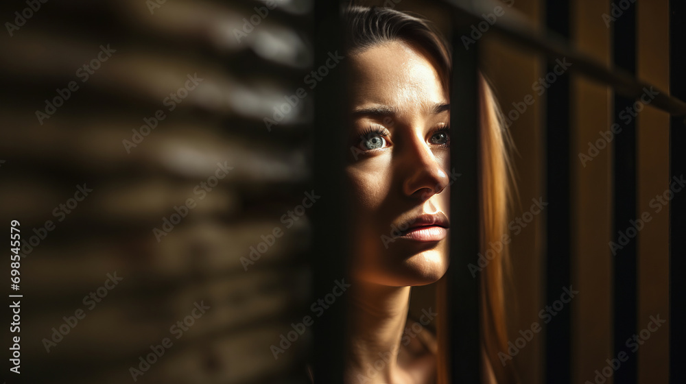 Sorrowful female inmate sad behind bars desperately asking to released ...