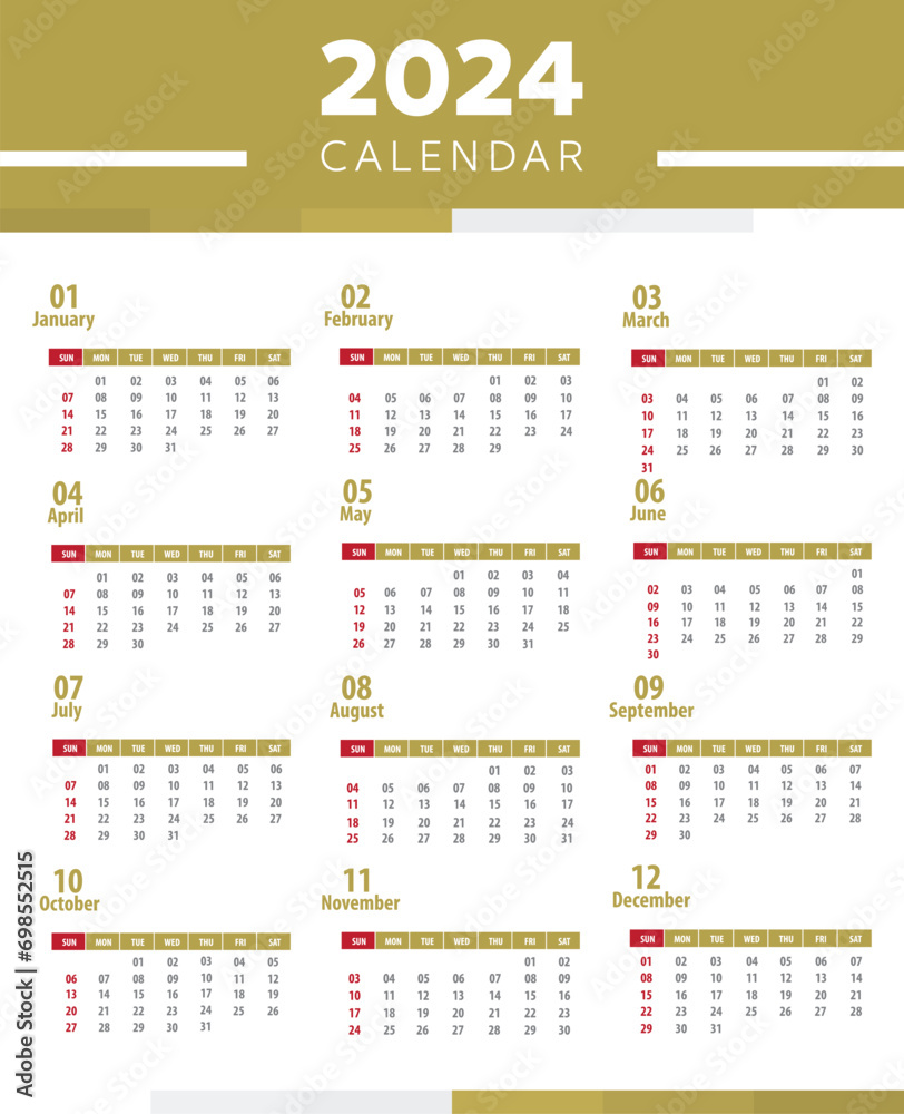 Monthly calendar template for 2024 year. Wall calendar in a minimalist ...