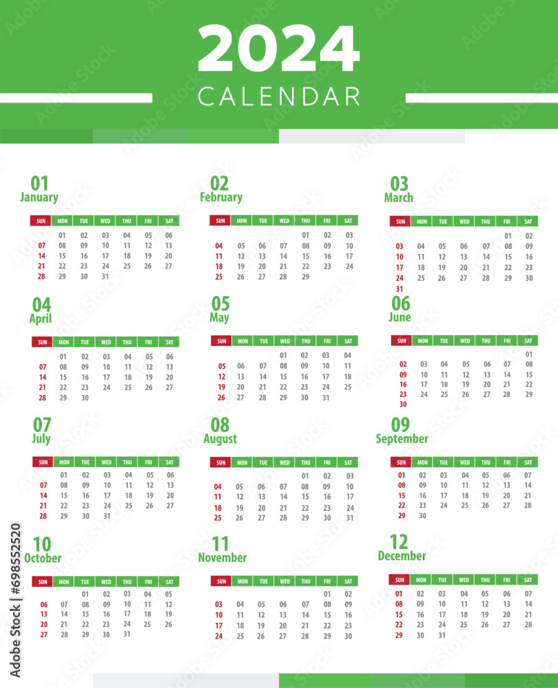 Monthly calendar template for 2024 year. Wall calendar in a minimalist ...