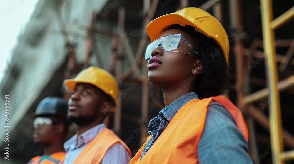 Engineer, construction and team with black woman or manager outdoor for ...