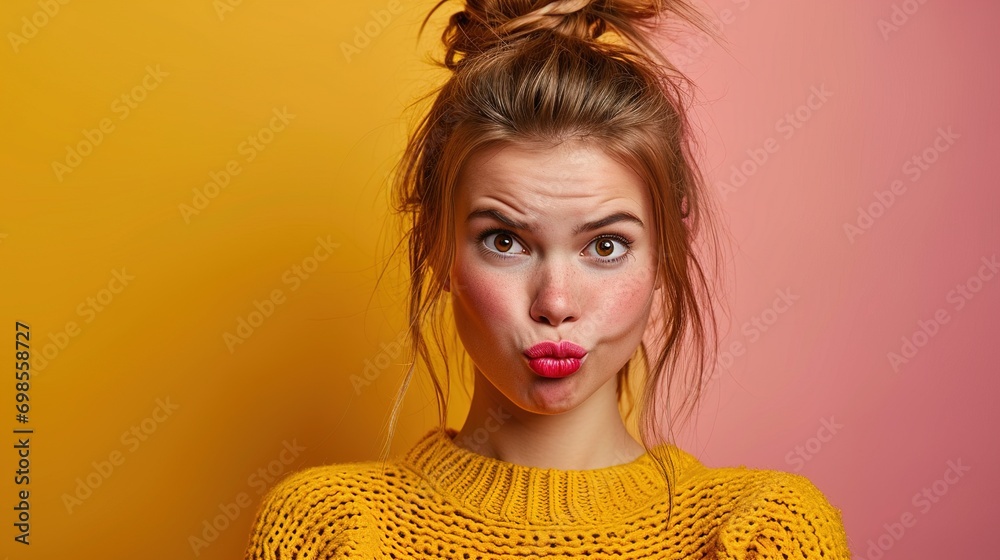 Funny, happy and face of a pouting girl isolated on a studio background ...