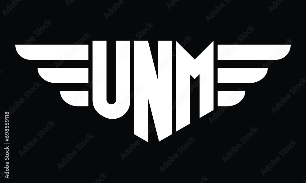 UNM three letter logo, creative wings shape logo design vector template ...