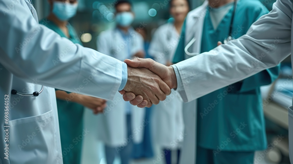 Handshake with doctors at a hospital, clinic or medical facility for ...