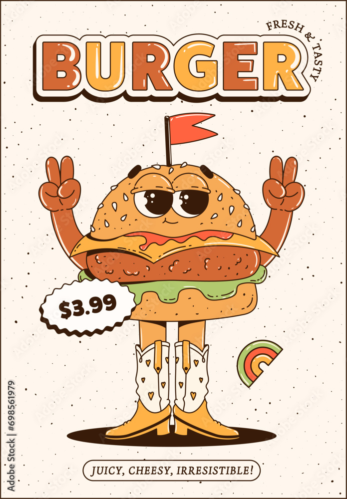 Cool burger poster in retro groovy style. Trendy cartoon illustration ...
