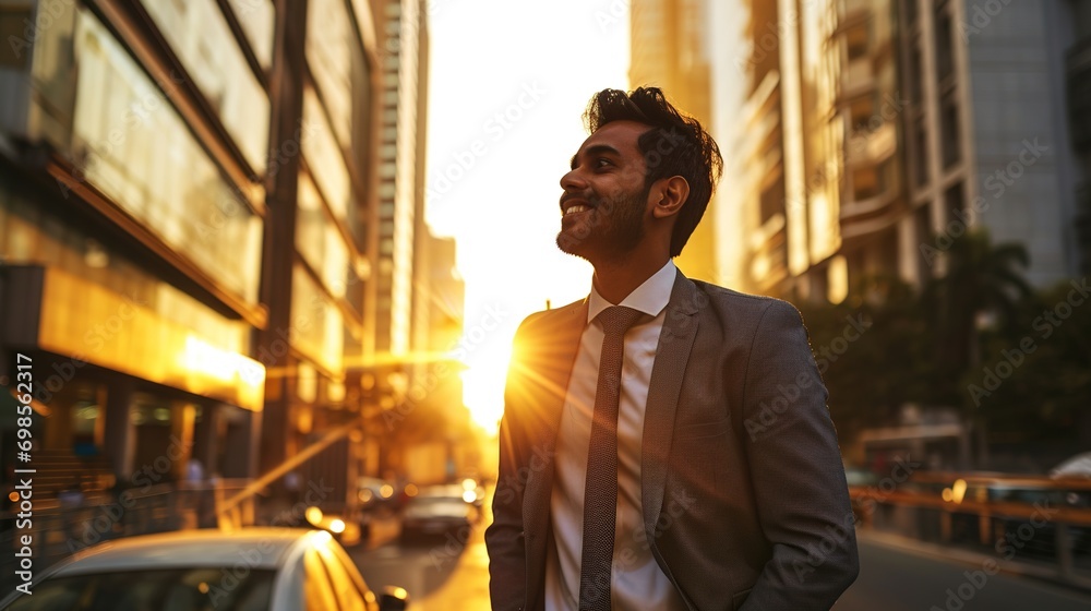 Happy wealthy rich successful indian business man standing in big city ...